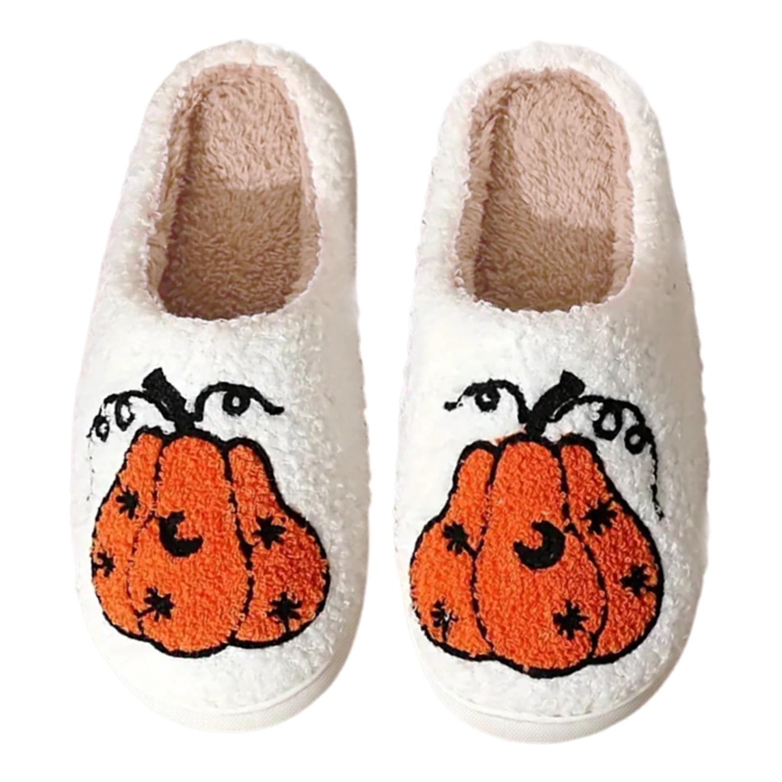 HBASD Halloween Plush Slippers with Pumpkin Pattern, White Slip-On ...