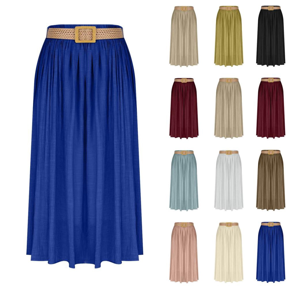 HBBIKVI Women's Belted High-Waist Pleated A-Line Flowy Maxi Skirt for ...