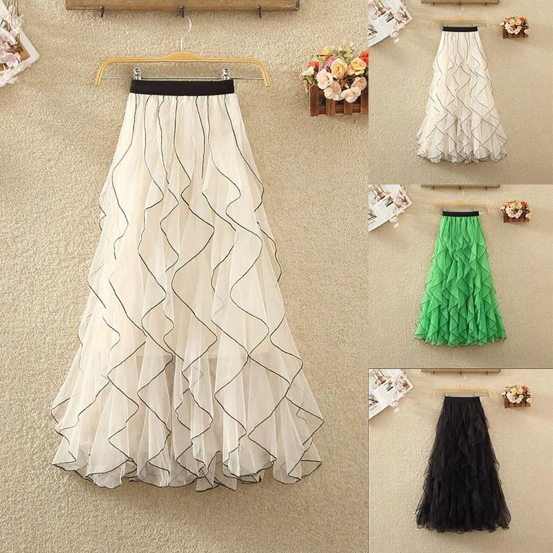 HBBIKVI Women's Romantic Elegant Tiered Ruffle Long Skirt with Contrast ...