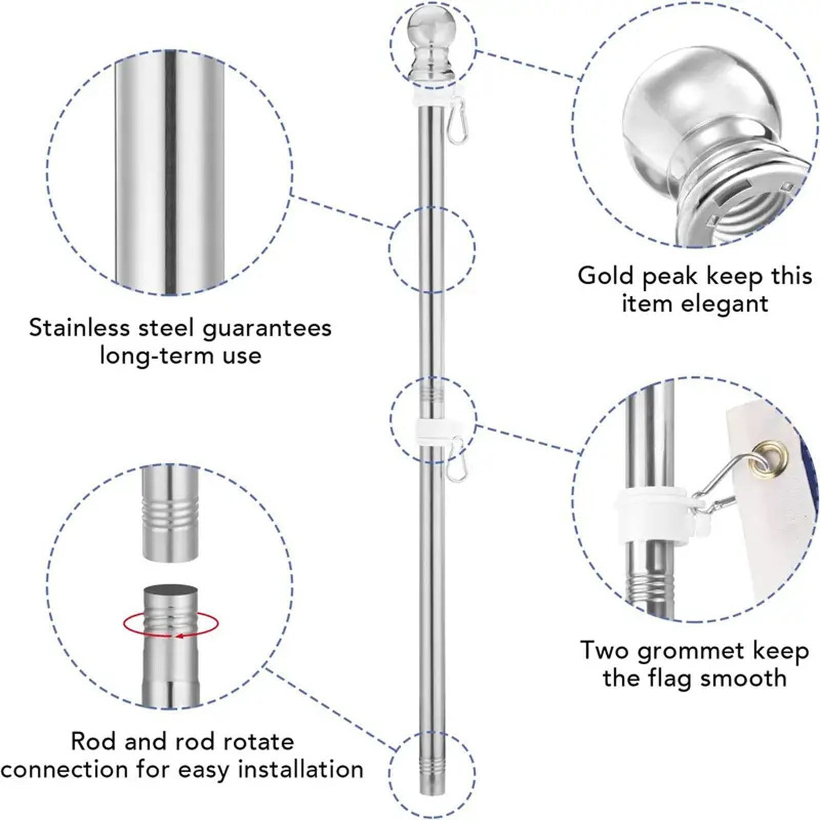 HBBKVI 360 Degree Rotating Wall Mounted Flagpole Kit, 5FT Stainless ...