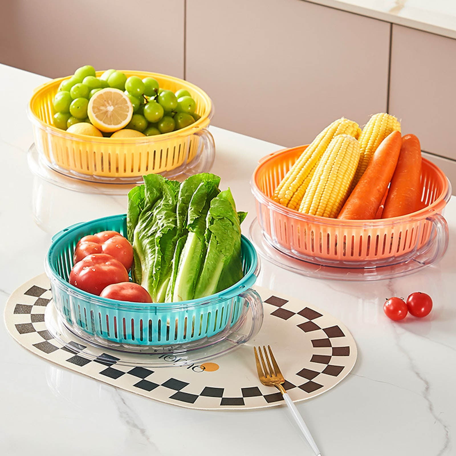 HBBKVI Double Washbasin Draining Basket Household Living Room Plastic Vegetables and Tray ...