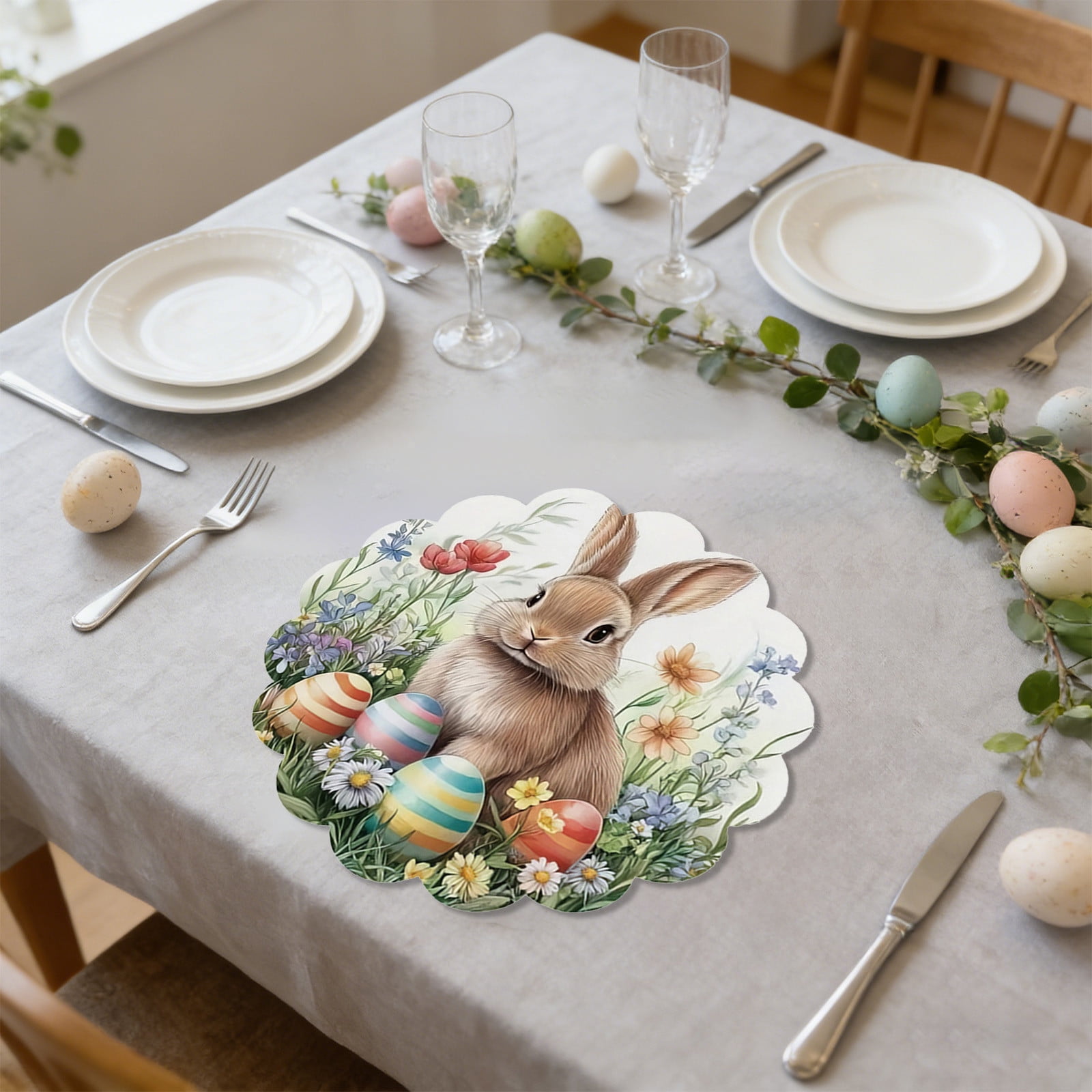 HBBKVI Easter Bunny Print Linen Placemats, Round 15 Inch with Irregular ...