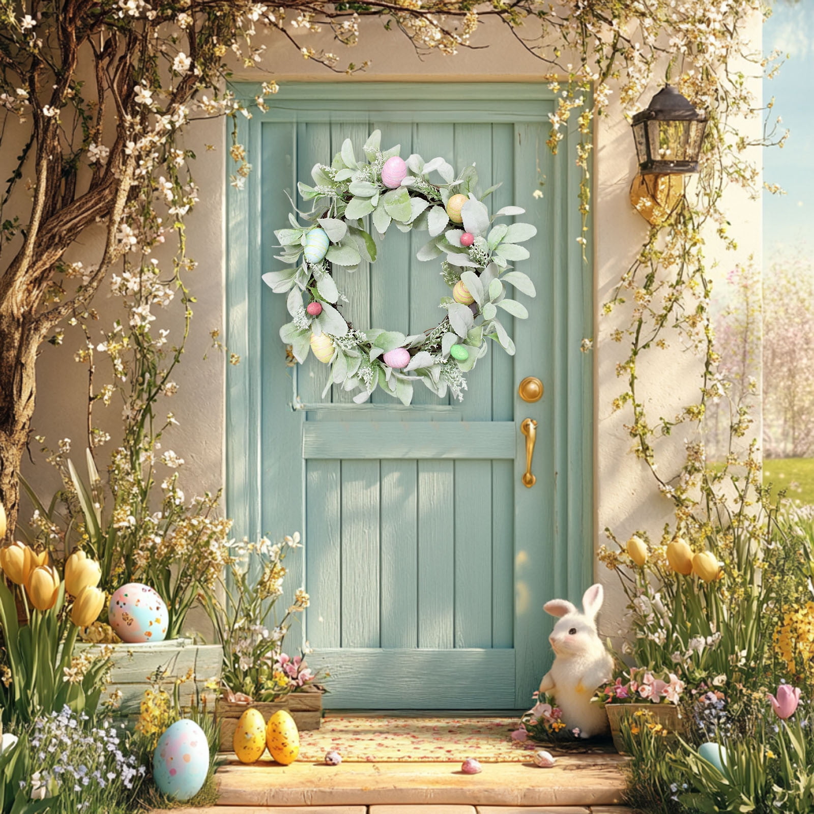 HBBKVI Easter Wreath with Colored Eggs Spring Decor for Indoor Outdoor ...