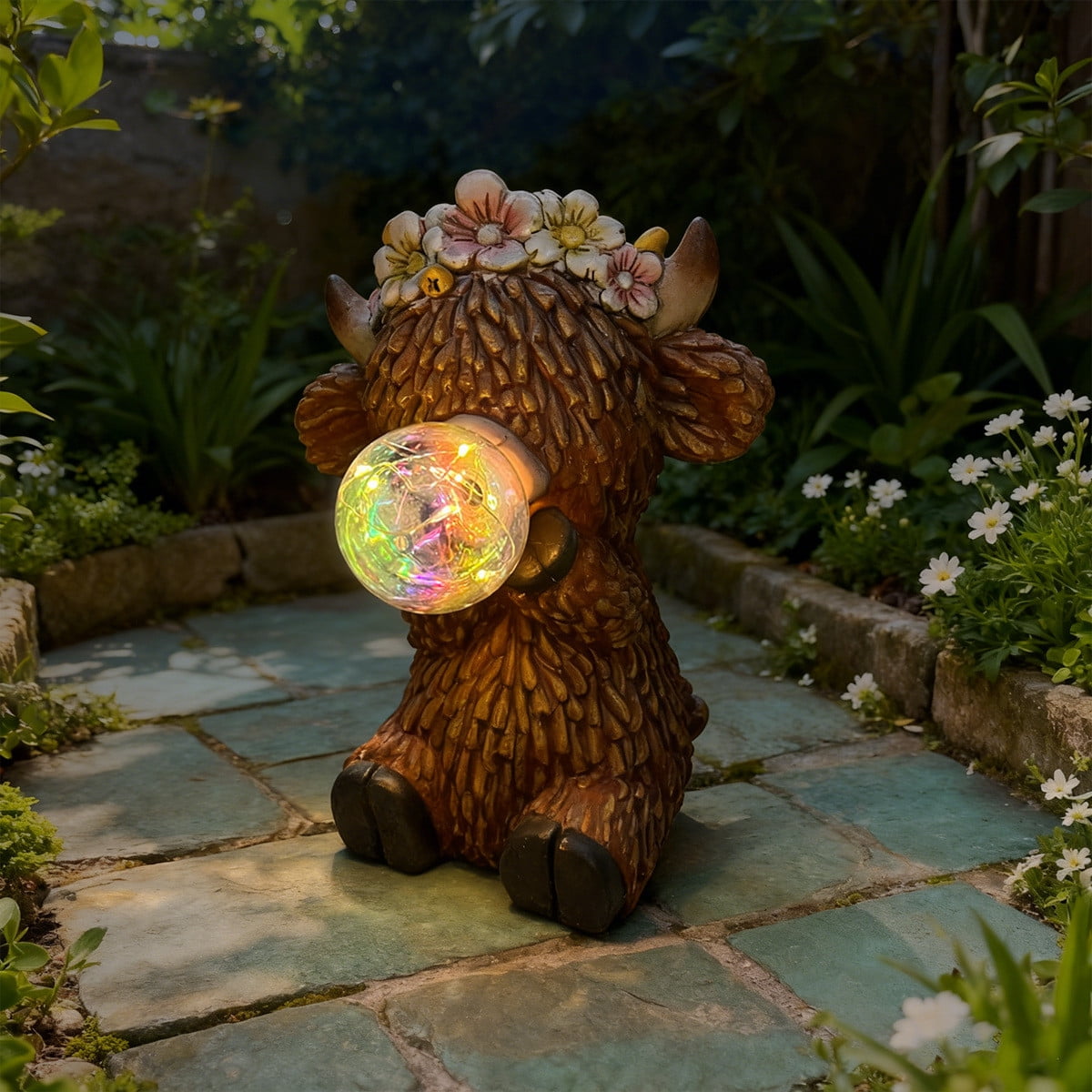 HBBKVI Solar Garden Statue, Highland Cow with Balloons Outdoor Decor ...