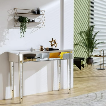 SHYFOY Silver Contemporary Fancy Glass Console Table with Line Design ...