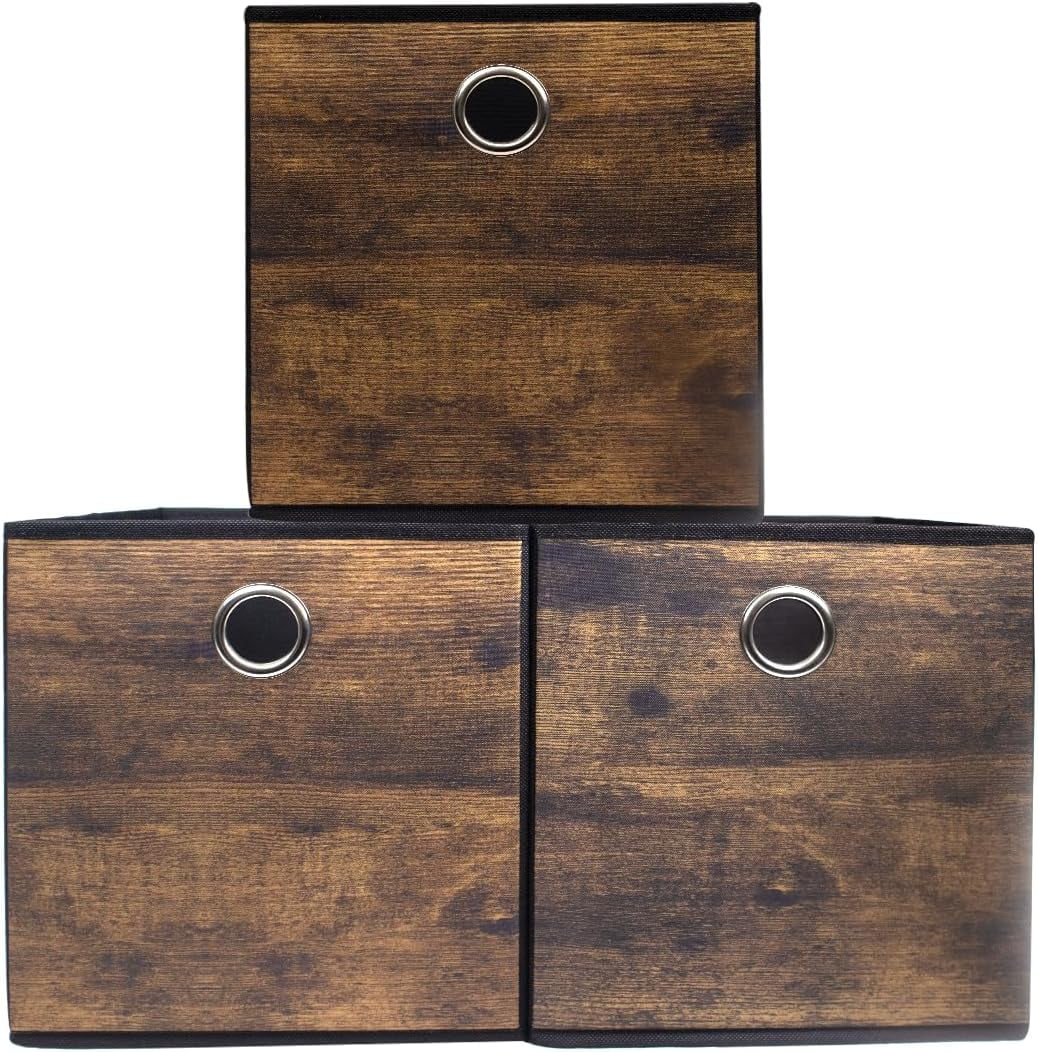 Hltop Sturdy Storage Bins with Wood Grain Pattern Thickened Fabric Cube ...