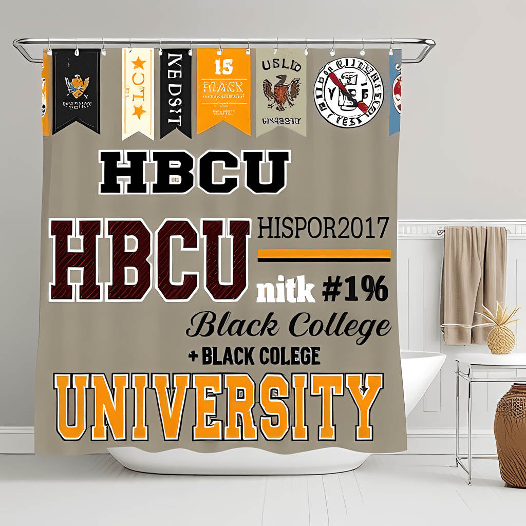 HBCU Shower Curtain - Taupe Background with Bold Graphic Design & Vintage Pennants - Celebrate ...