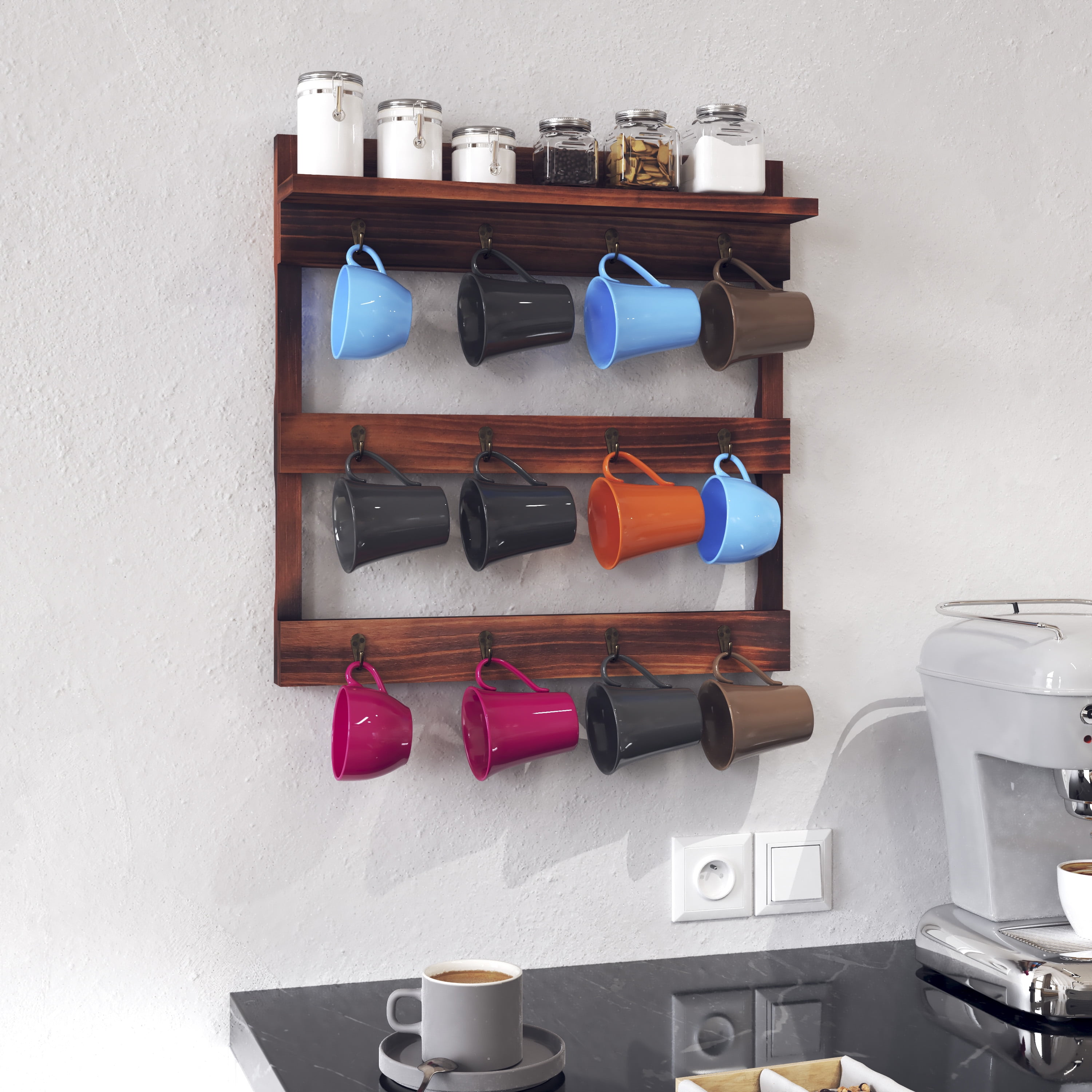 HBCY Creations Rustic Mug Rack Wall Mounted with Shelf - 12 Coffee Cup ...