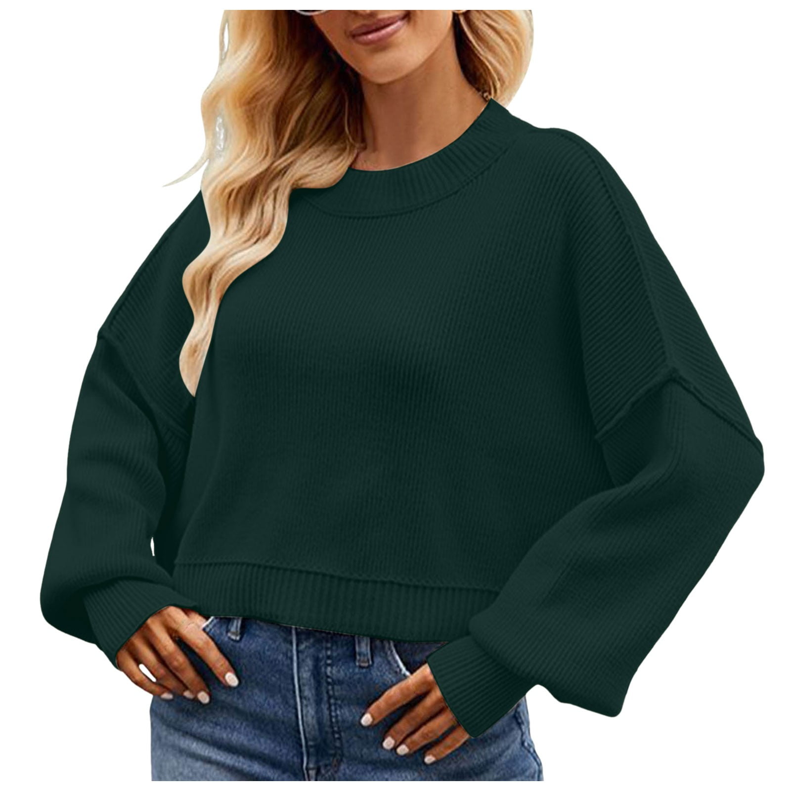 HBFAGFB Womens Sweaters Round Neck Knitted Long-Sleeved Pullover Top ...