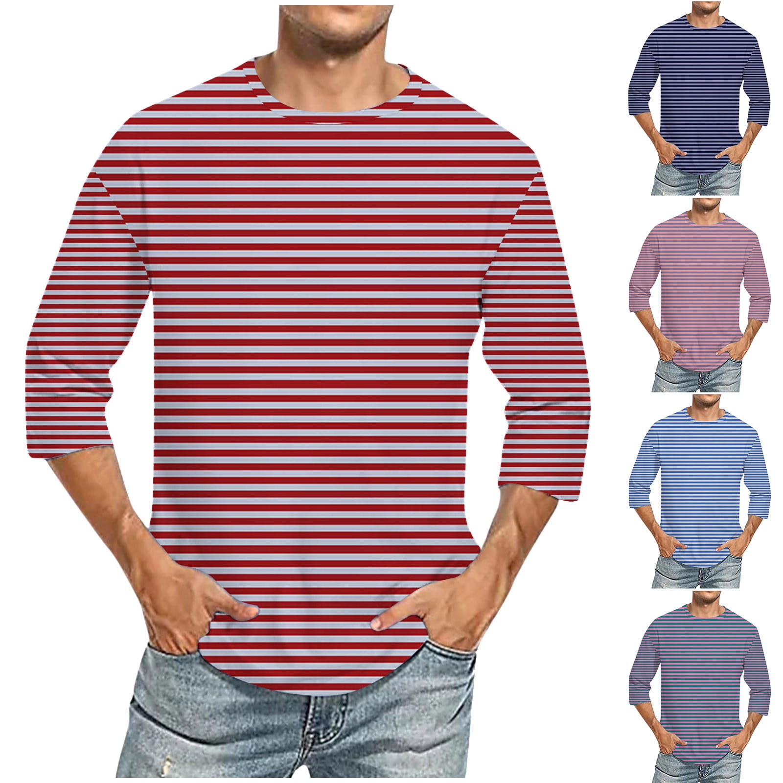 HBGVBA Casual 3/4 Sleeve T-Shirt for Men,Crew Neck Striped Athleisure T ...