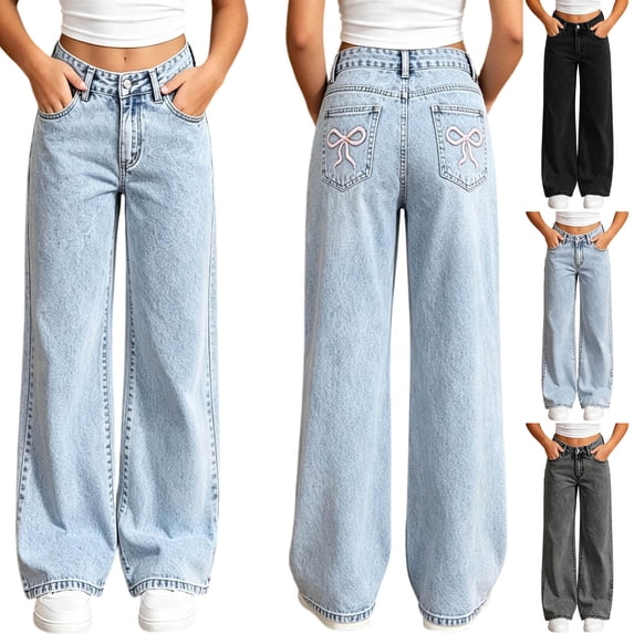 HBGVBA Girl's Casual Jeans,High Waist Wide Leg Denim Pants Bow ...