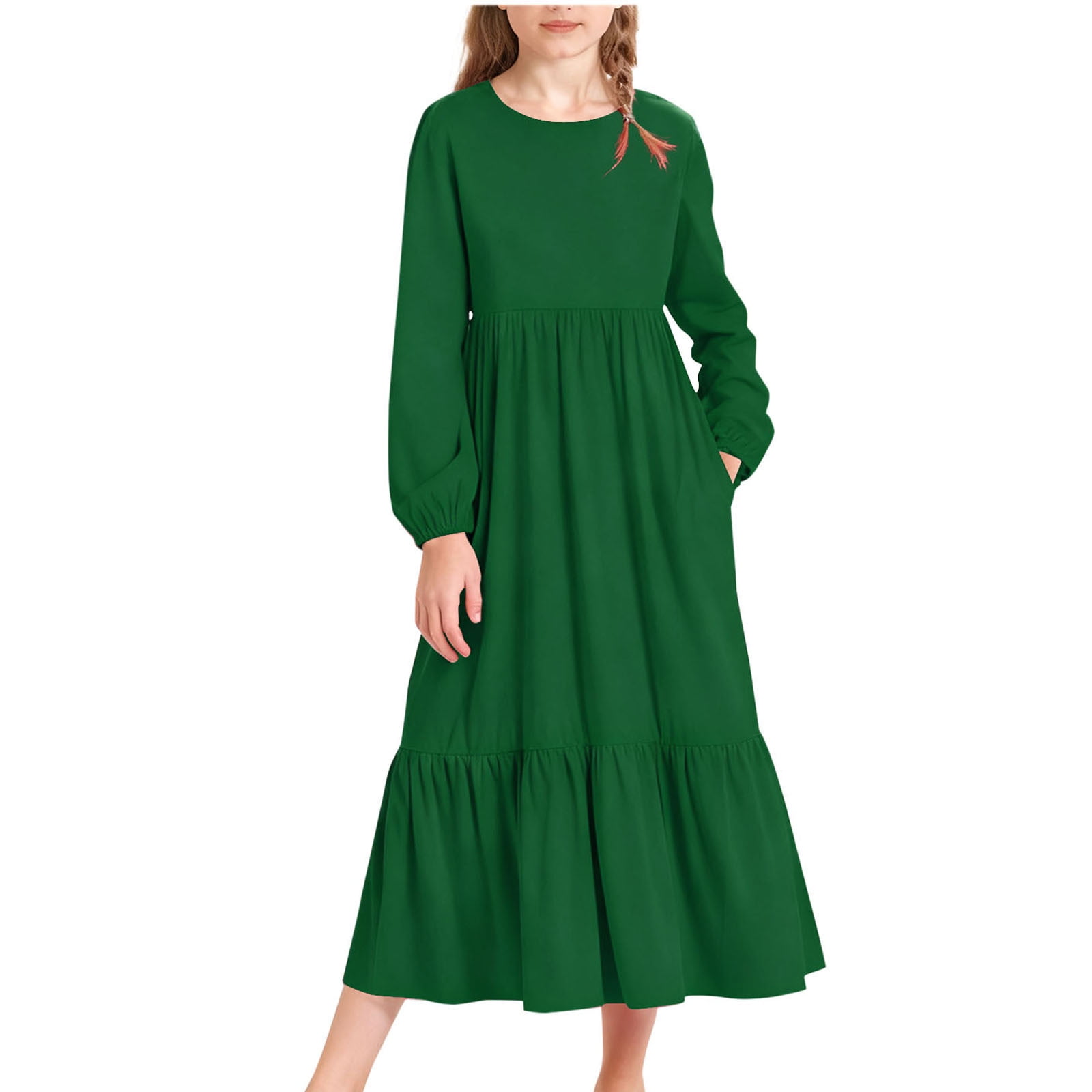 HBGVBA Girl's Casual Long Sleeve Dresses,Solid Color Midi Sundress,4-15 ...