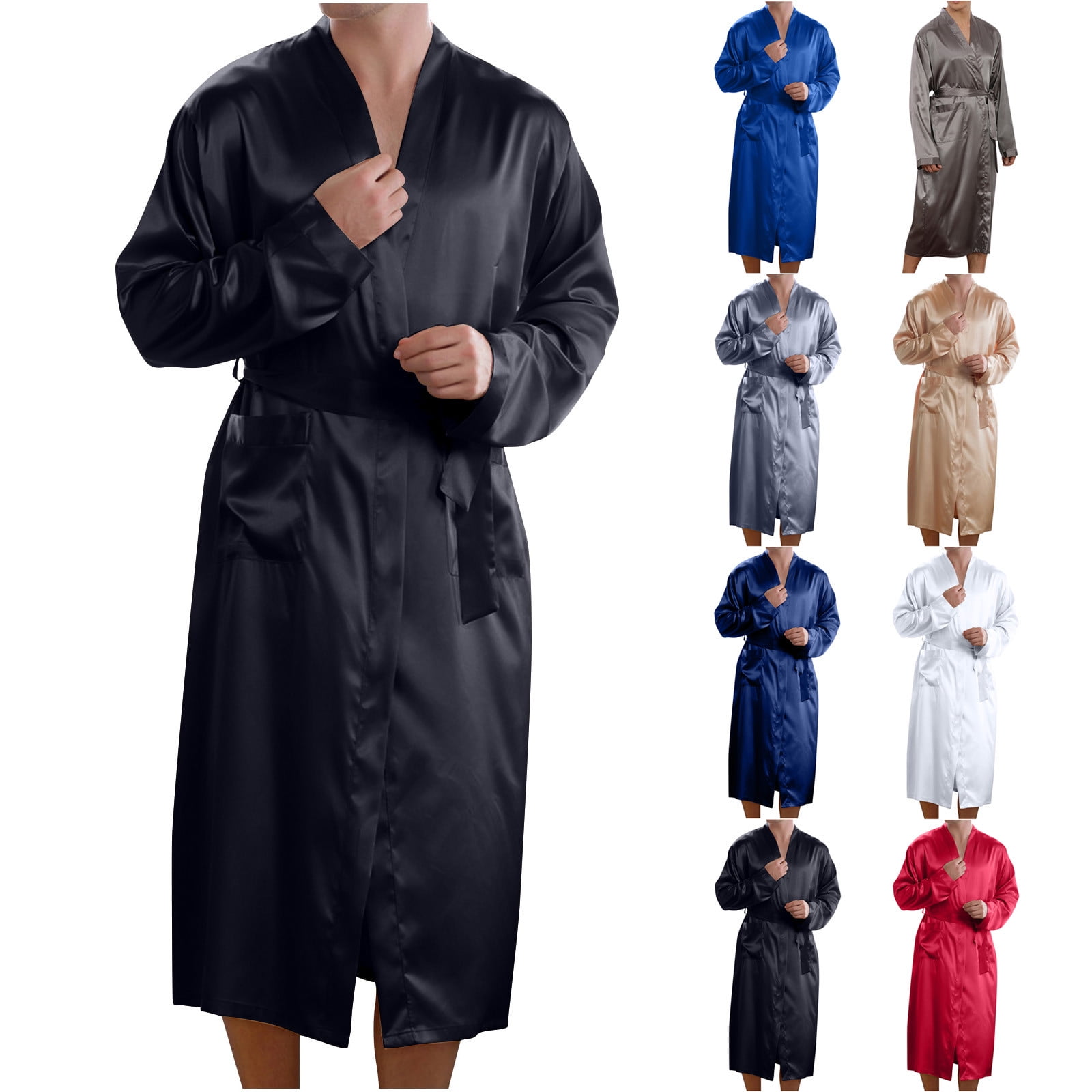 Bovxnpu Men's Bathrobes, Mens Robe Satin With Pockets With Belt Full ...