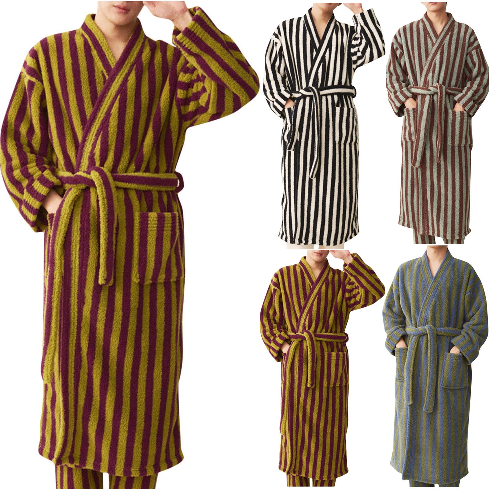 Bovxnpu Mens Bathrobes, Mens Robes Striped Full Length Plushed Fleece ...
