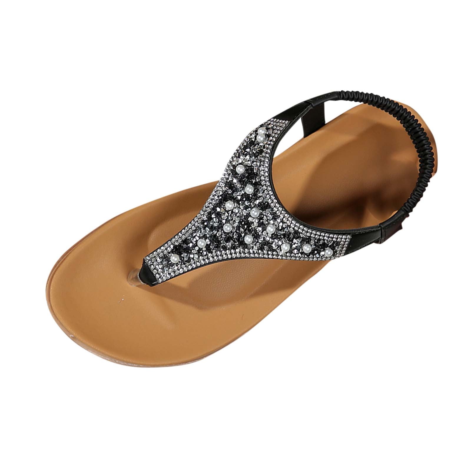 HBGVBA Womens Beach Sandals Rhinestone Elastic Strap Flat Sole Summer ...