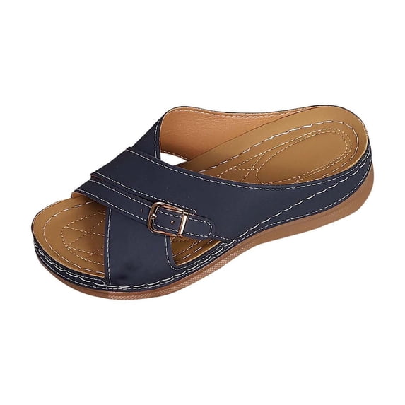 HBGVBA Womens Beach Slippers Solid Color Leather Belt Buckle Wedge Heel ...