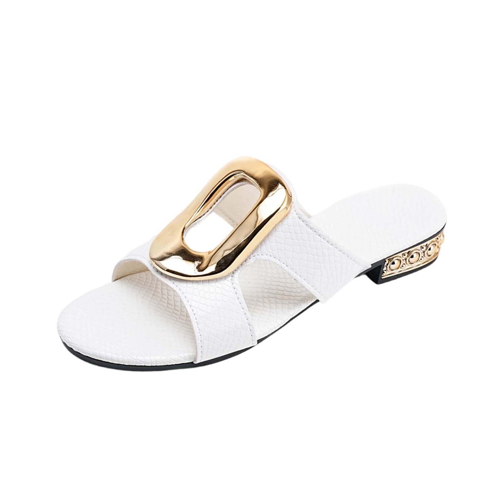 HBGVBA Womens Beach Slippers Solid Color Low Heel Round Toe One Strap ...