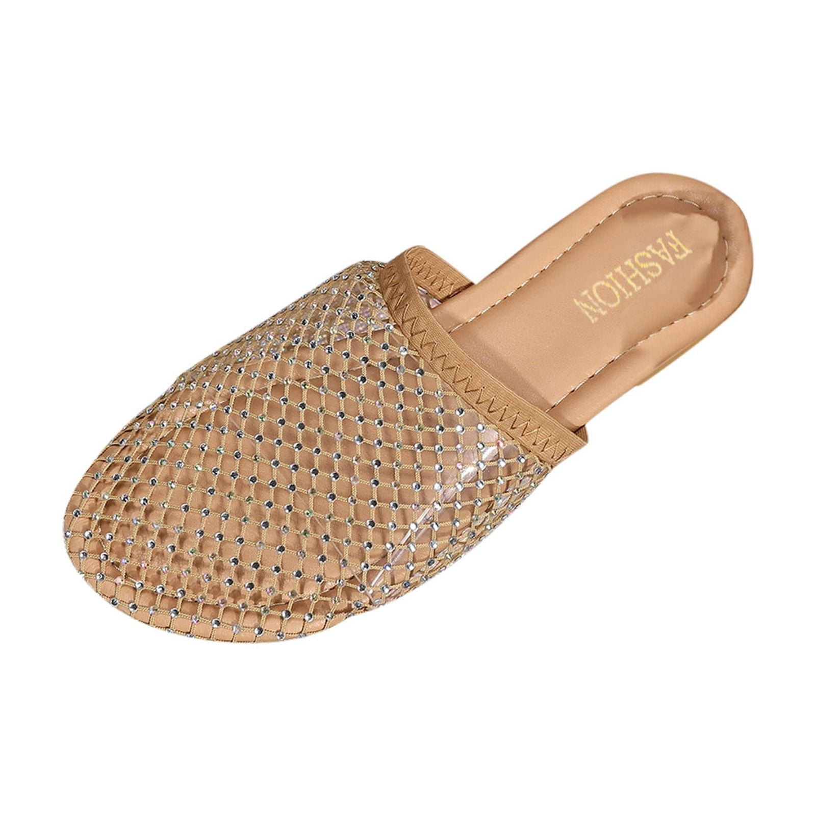 HBGVBA Womens Beach Slippers Versatile Rhinestone Round Toe Mule Flat ...