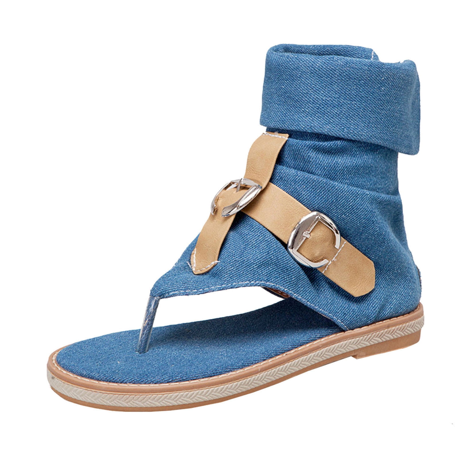 HBGVBA Womens Summer Sandals Stylish Toe Loop Flat Sole Denim Fabric ...