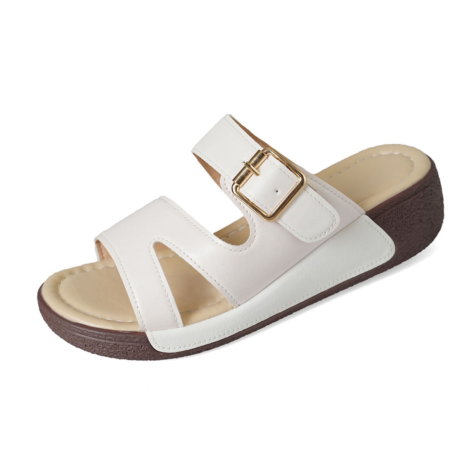 HBGVBA Womens Summer Slippers Solid Color One Strap Buckle Round Toe ...