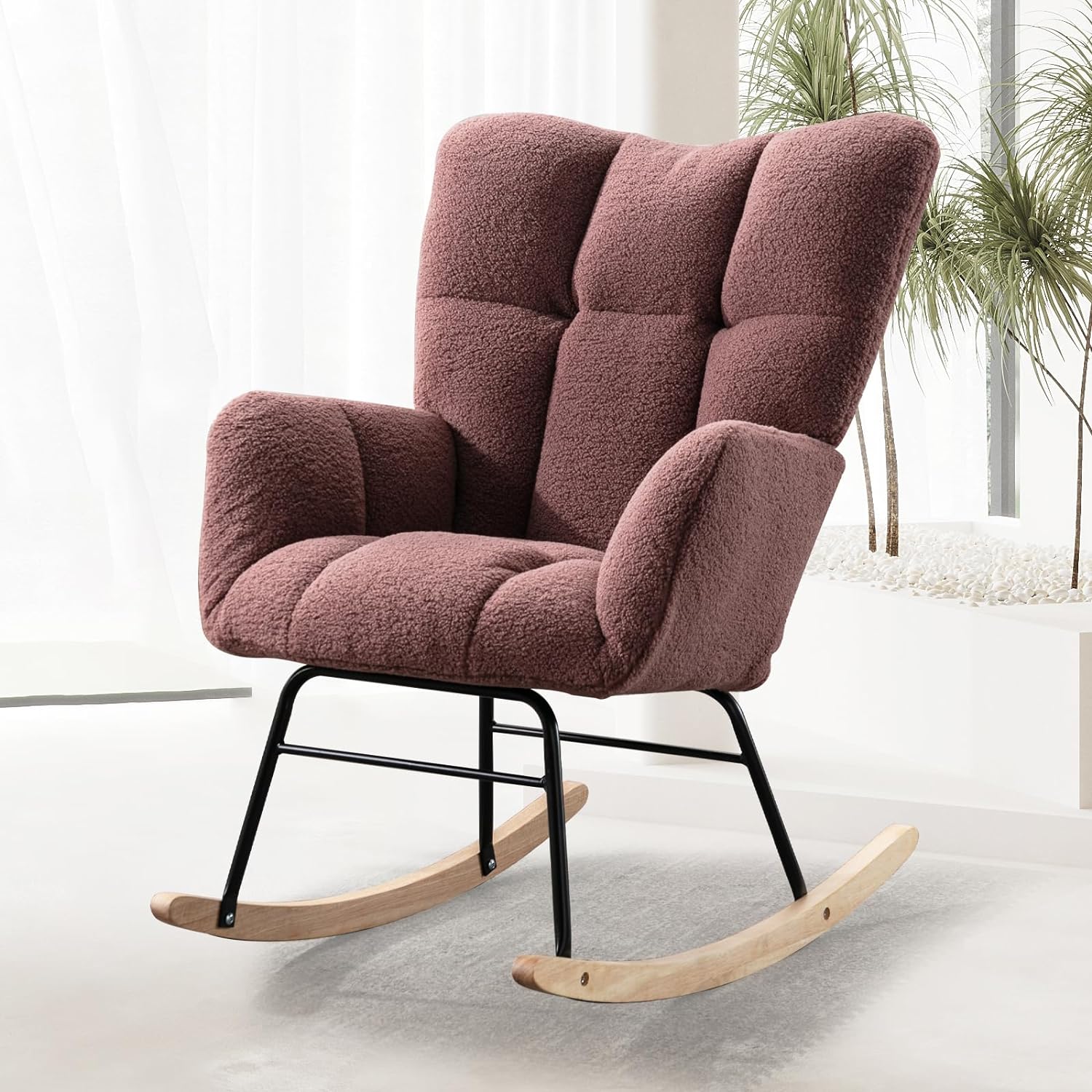 HBLUKDL Teddy Fabric Rocking Chair Upholstered Rocker Armchair with ...