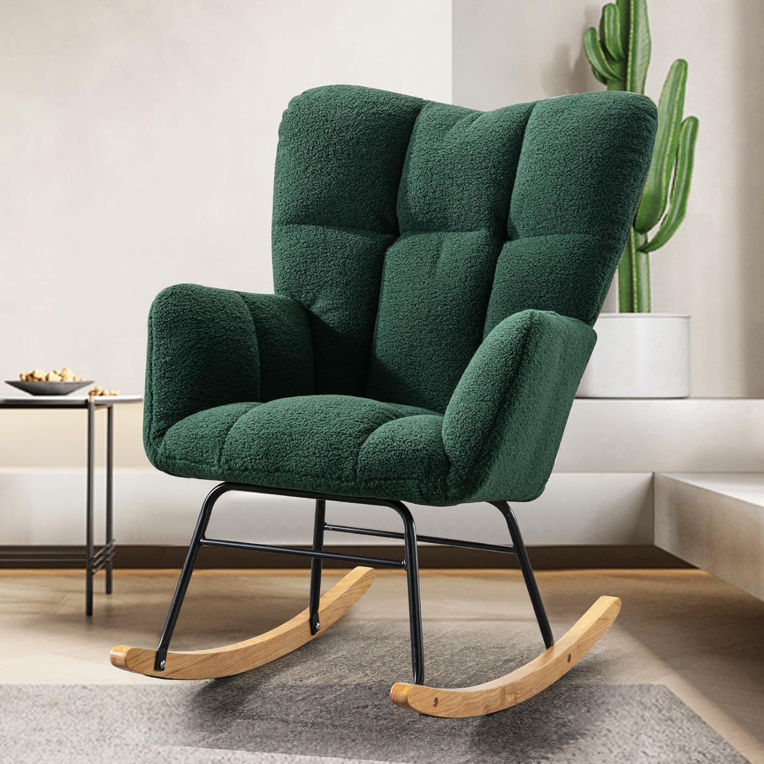 HBLUKDL Teddy Fabric Rocking Chair Upholstered Rocker Armchair with ...