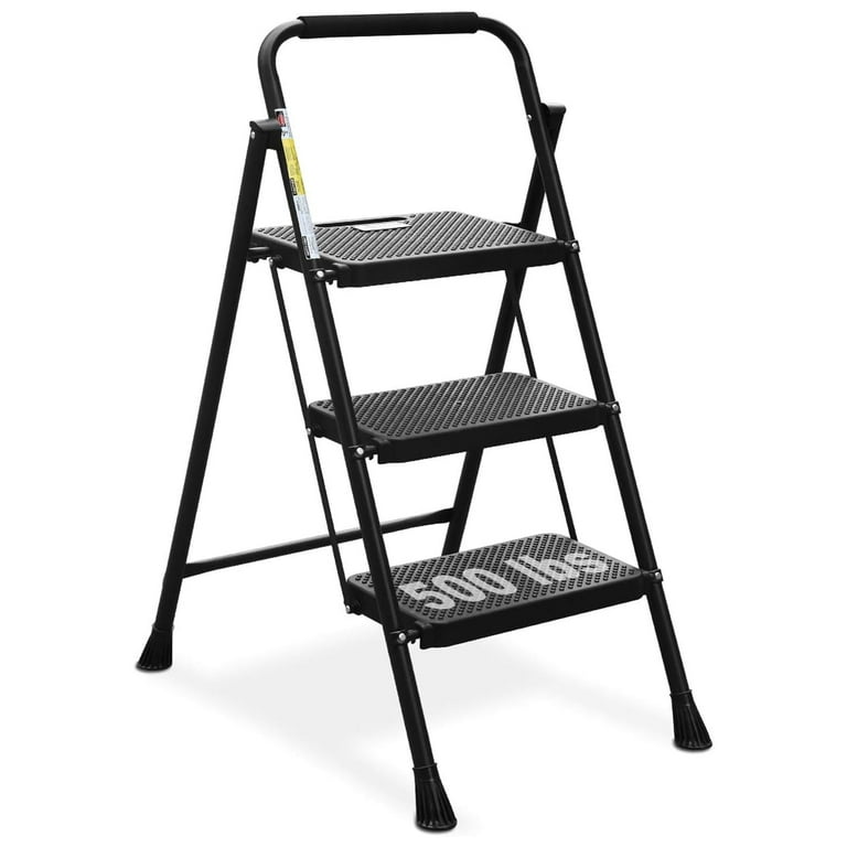 HBTower 3 Step Ladder Folding Stool Anti Slip Pedal 500lbs Steel Handle Lightweight Black Walmart