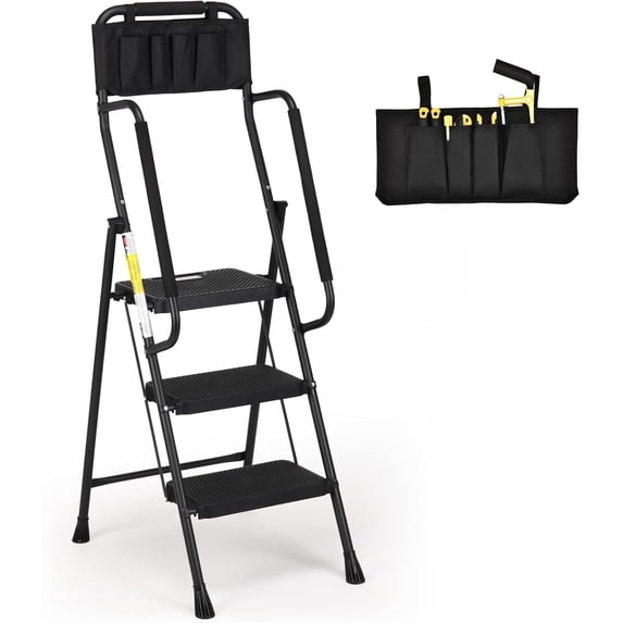 HBTower 3 Step Ladder with Handrails and Tool Bag, Folding Step Stool ...