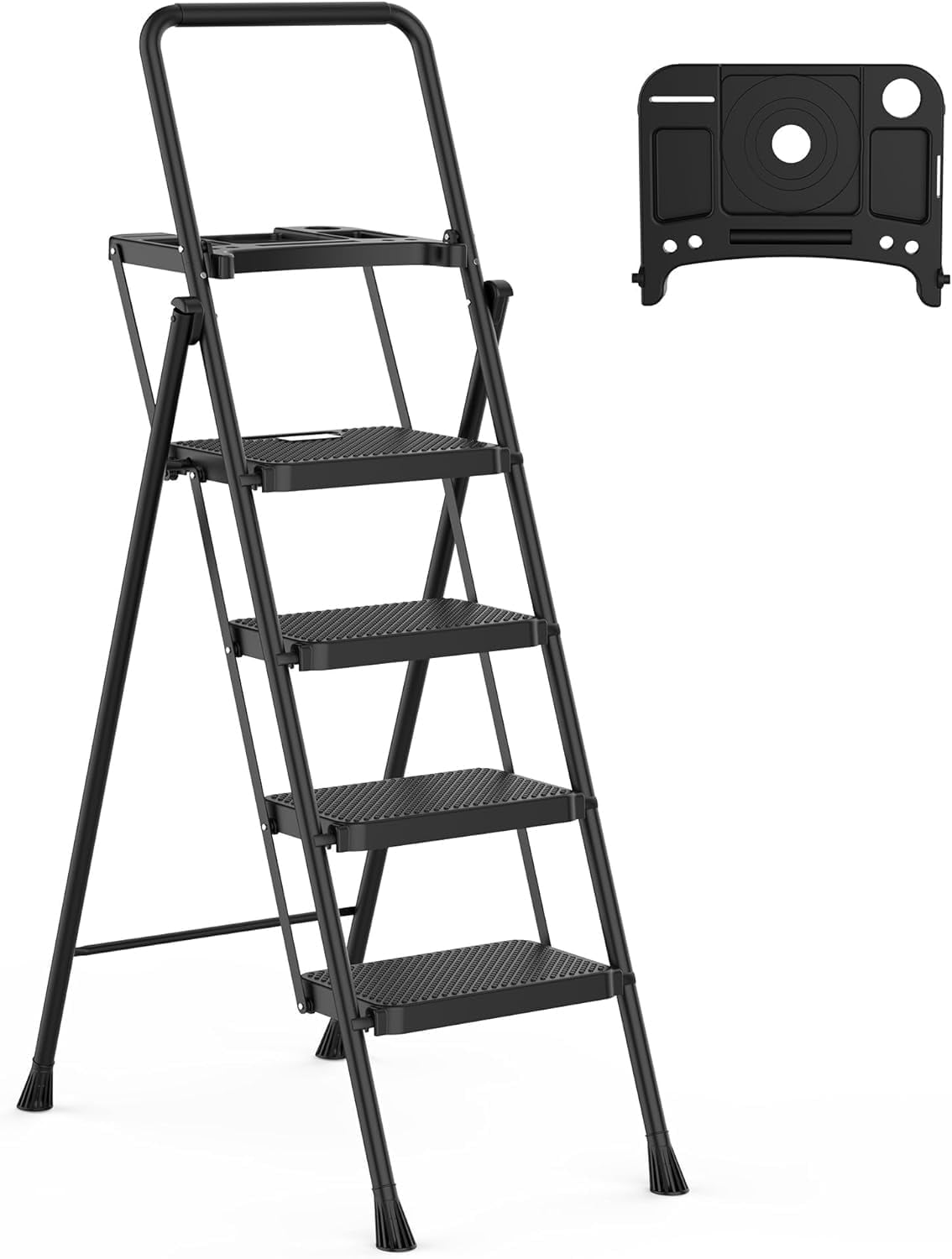 HBTower 4 Step Ladder with Tool Tray, Folding Step Stool with Wide Anti ...