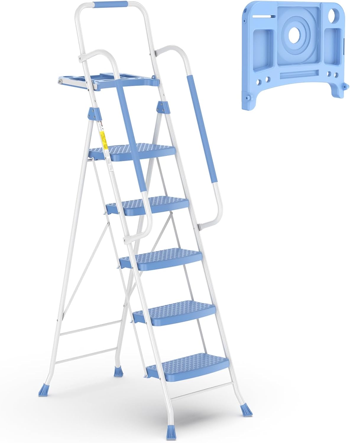 HBTower Folding 5-Step Ladder, 330lbs, with Handrails and Tool Tray and ...