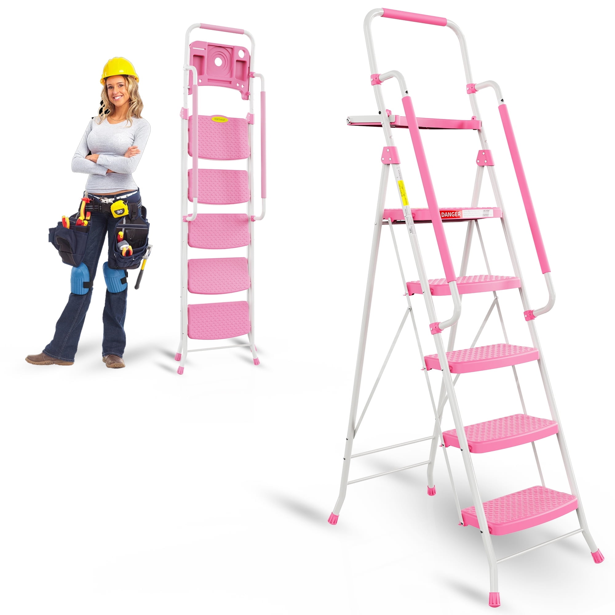 HBTower Folding 5-Step Ladder, Handrails, Tool Tray, Non-Slip Wide ...