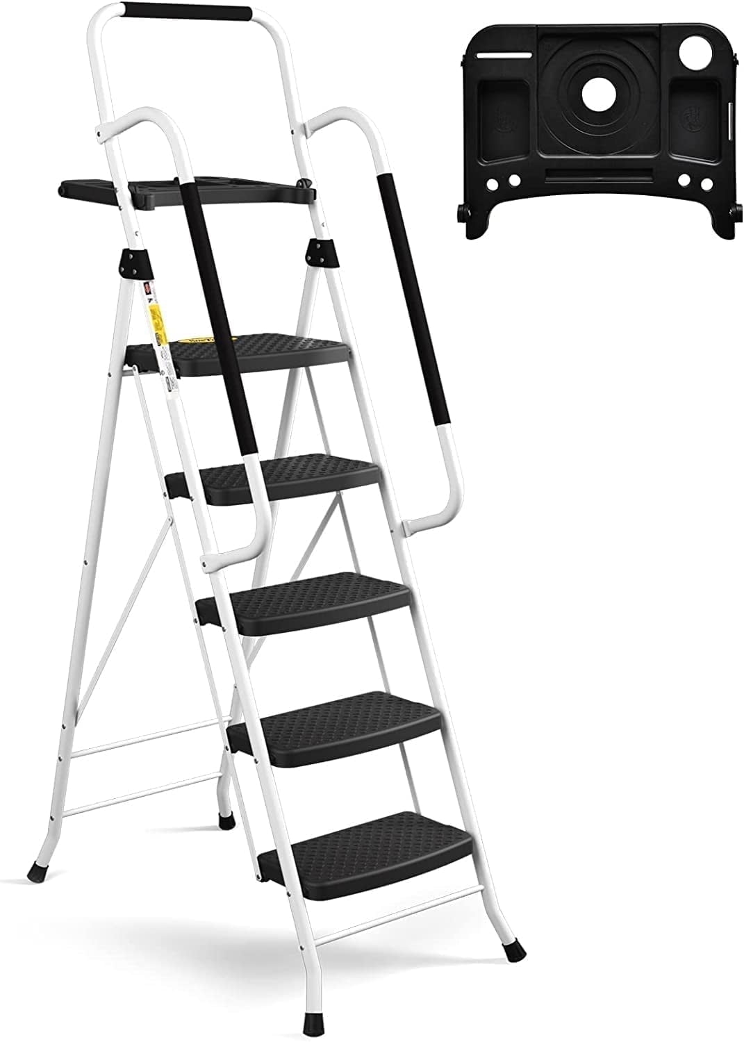 HBTower Folding 5-Step Ladder with Handrails and Tool Tray, Anti-Slip ...