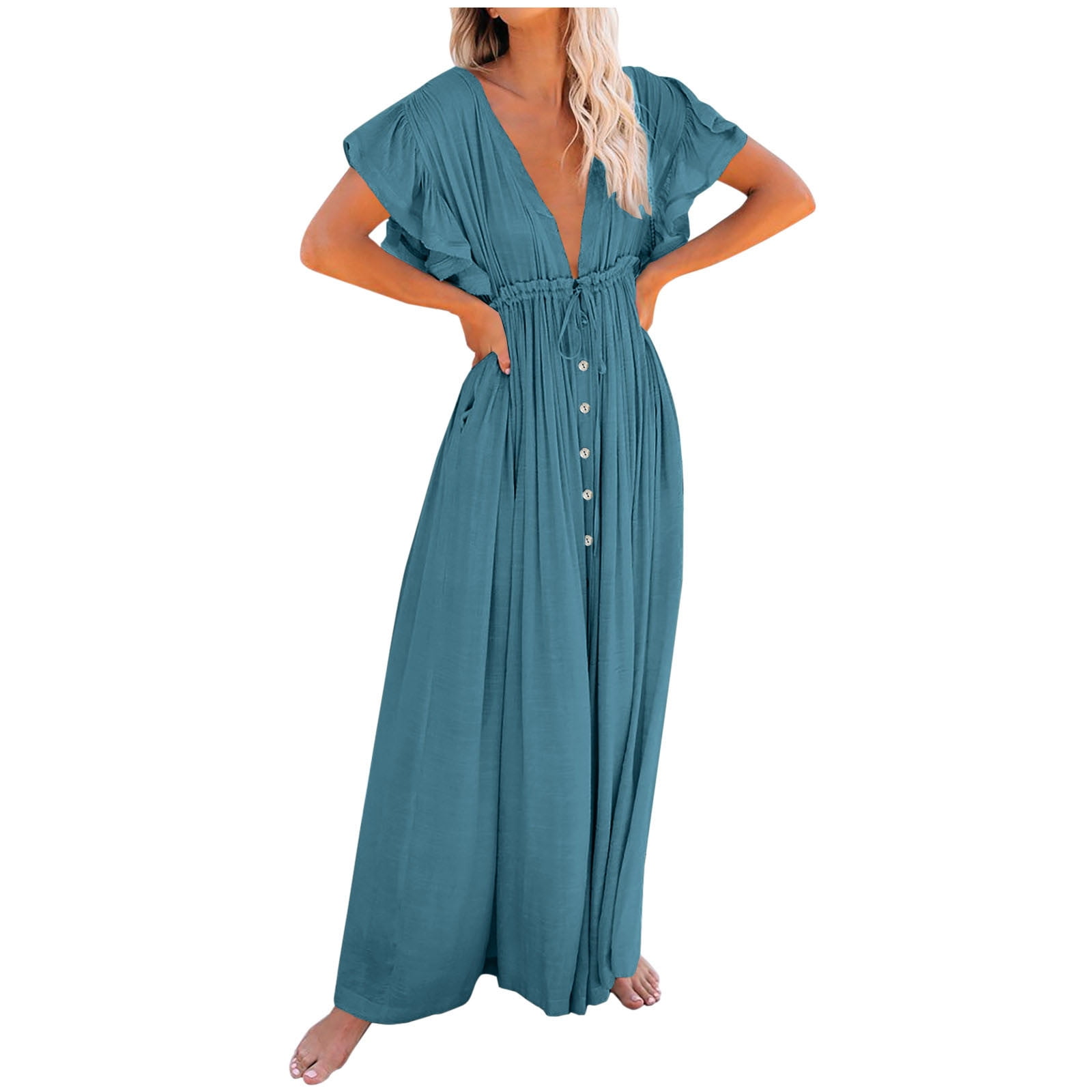 HBYJLZYG Beach Cover Ups For Women, Summer Deep V Neck Beach Button ...