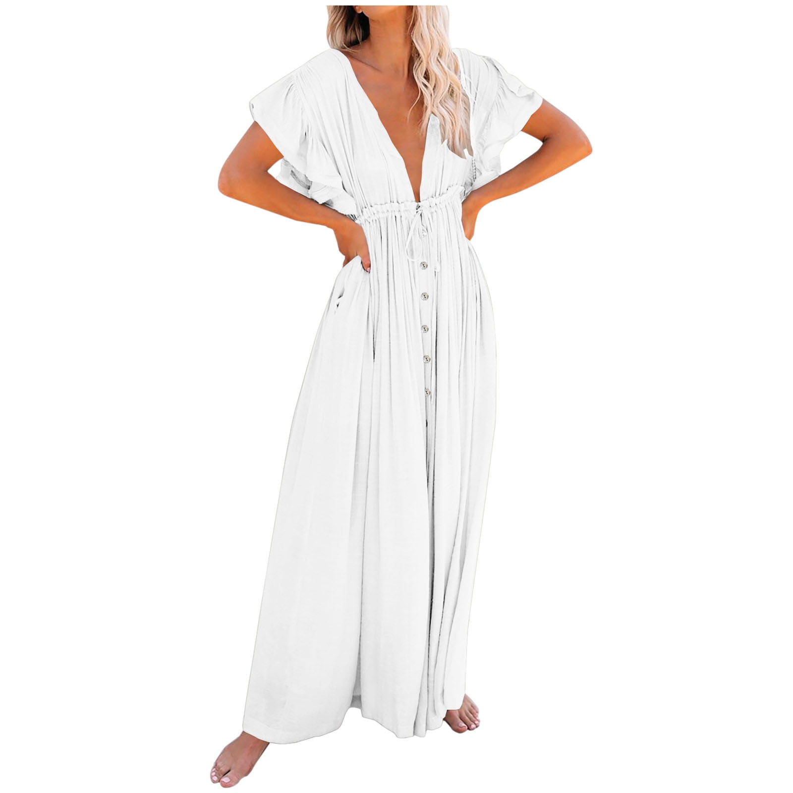 HBYJLZYG Beach Cover Ups For Women, Summer Deep V Neck Beach Button ...