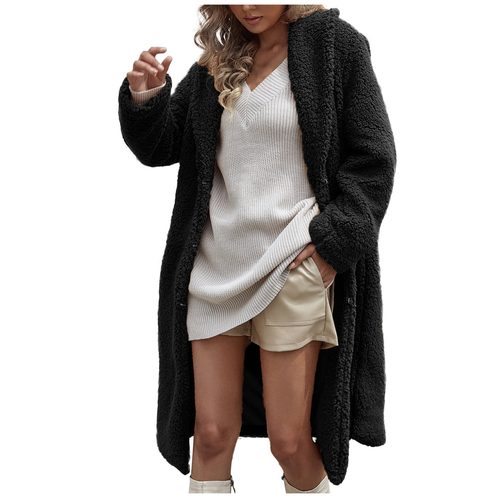 HBYJLZYG Cardigans Open Front Faux Furry Coat Lapel Berber Fleece ...