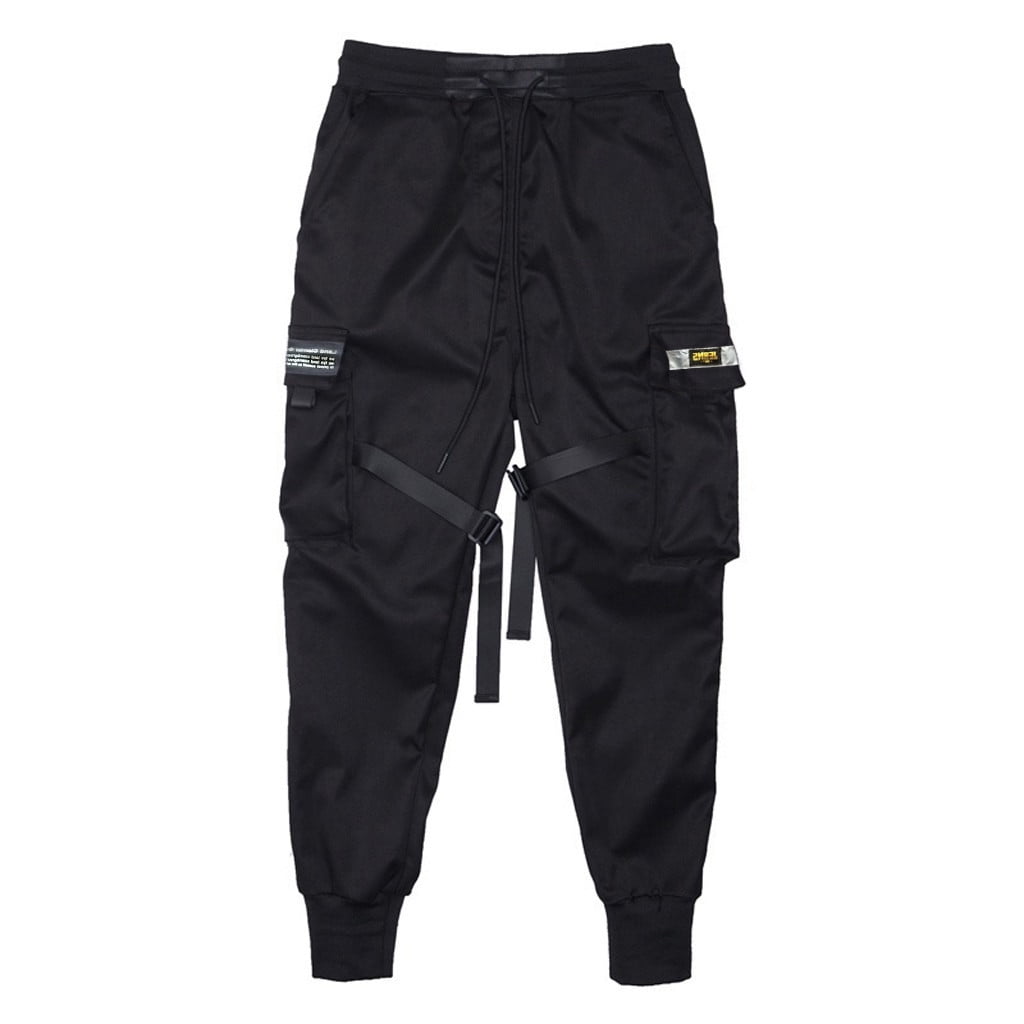 Hbyjlzyg Jogger Pants Men Drawstring Retro Multi Pockets Black Cargo Pants Athletic Fit Hiking