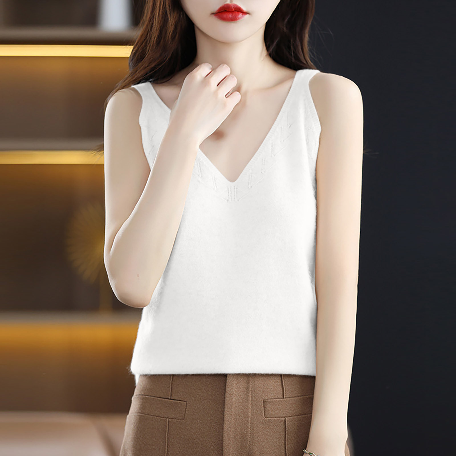 HBYJLZYG Loose Women's New V-Neck Camisole Hollow Sleeveless Knit ...