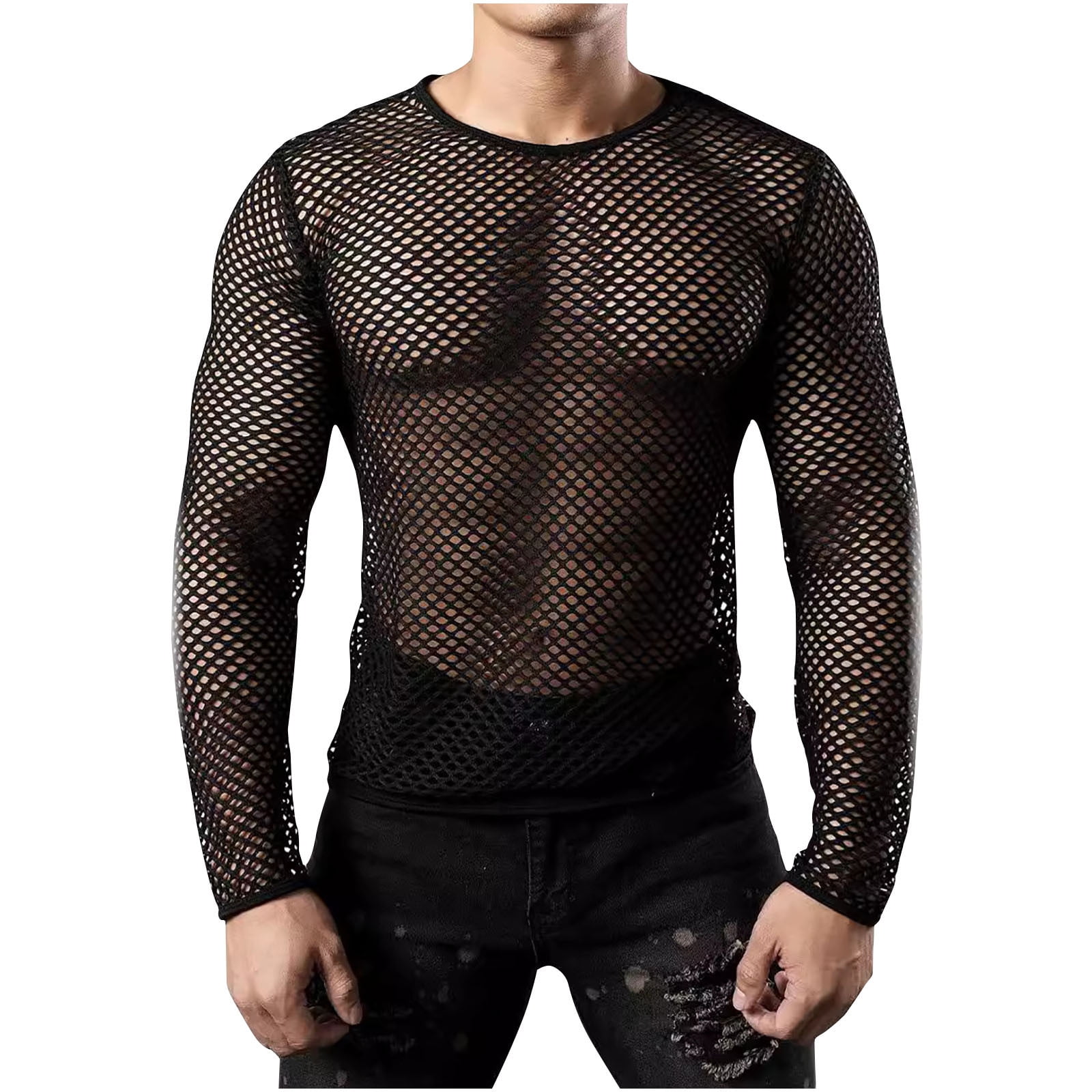 HBYJLZYG Men's Mesh Fishnet Tops Long Sleeve Sheer See Through T Shirt ...