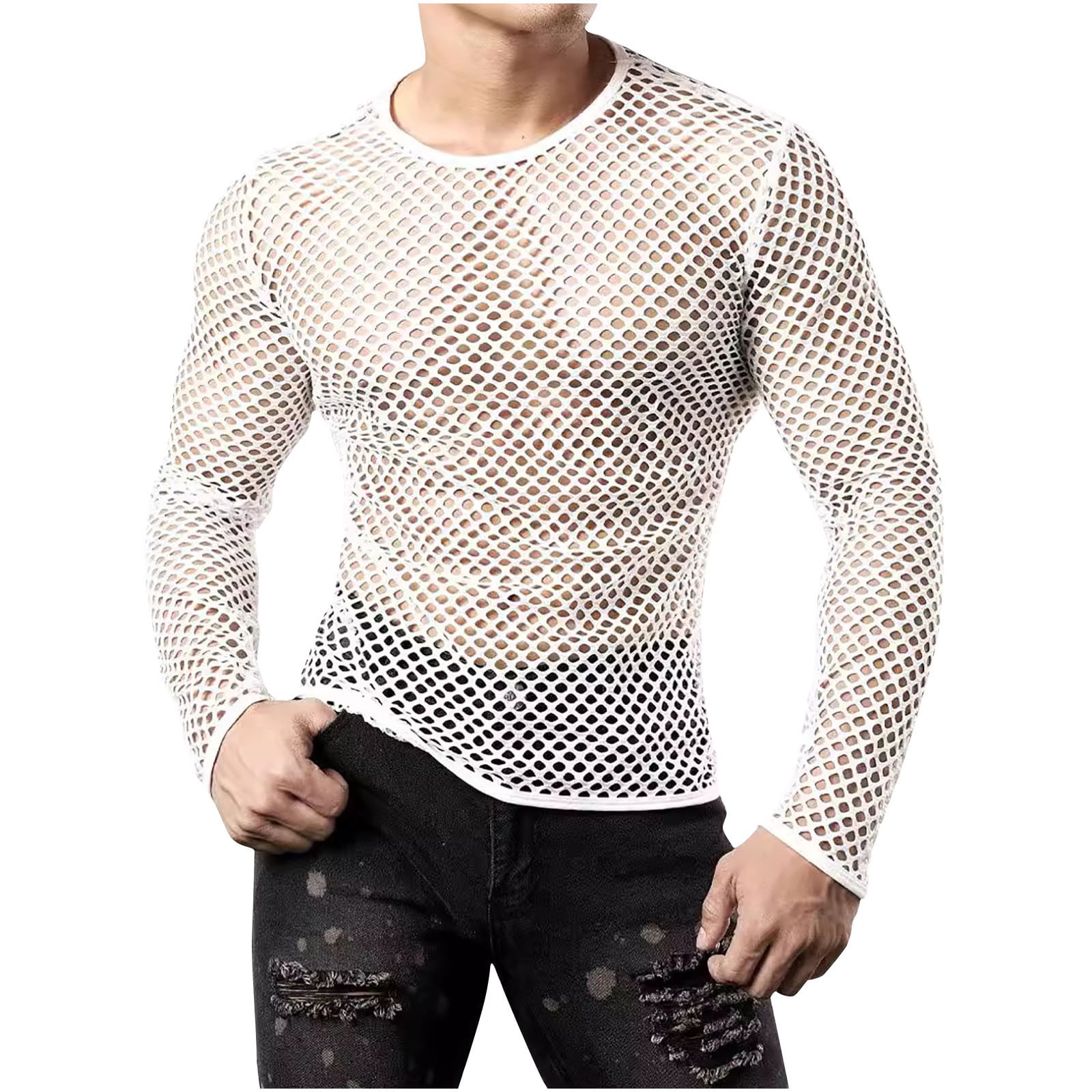 HBYJLZYG Men's Mesh Fishnet Tops Long Sleeve Sheer See Through T Shirt ...