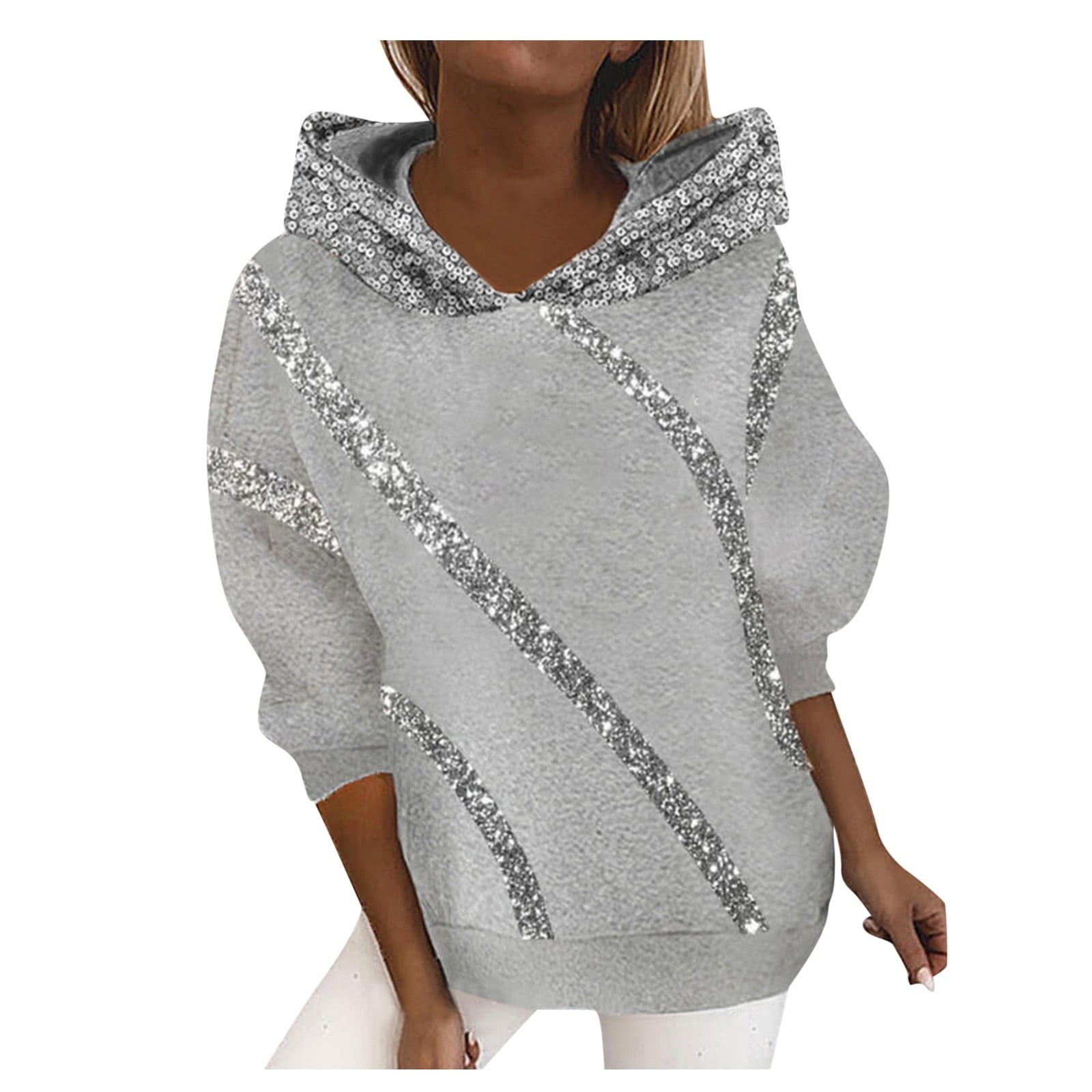 HBYJLZYG Oversized Hooded Sweatshirt Pullover Sweater Tops, Women Fashion Sequin Casual Solid ...