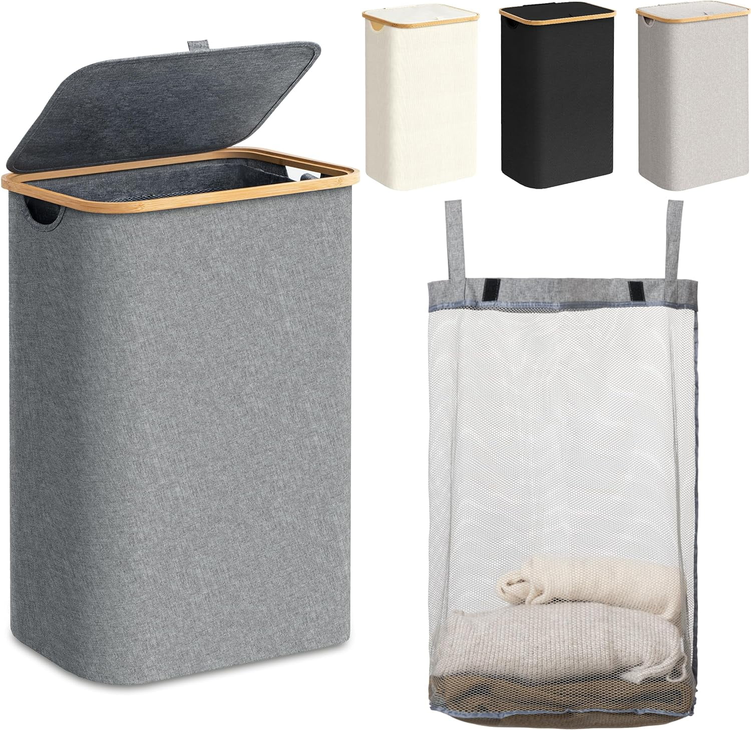 HBlife 110L Laundry Hamper with Lid and Removable Inner Bag, Gray, 2 ...