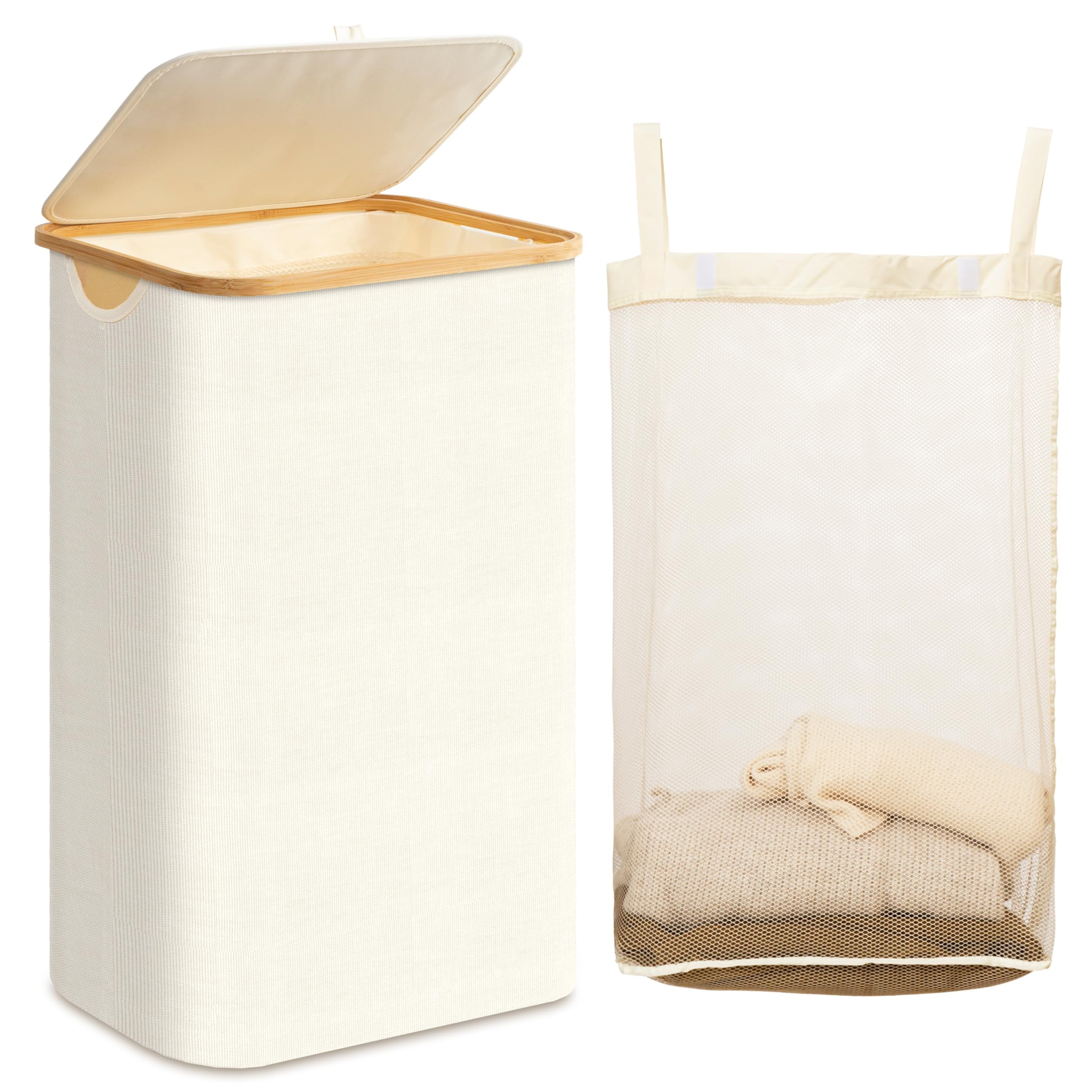 HBlife 120L Slim Laundry Hamper with Lid and Removable Inner Bag,Beige ...