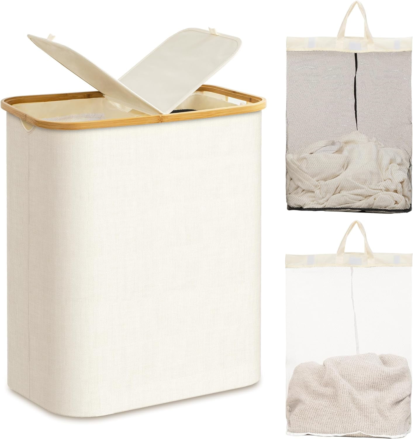 HBlife 150L Laundry Hamper with Lid, 2 Removable Compartments, Bamboo ...