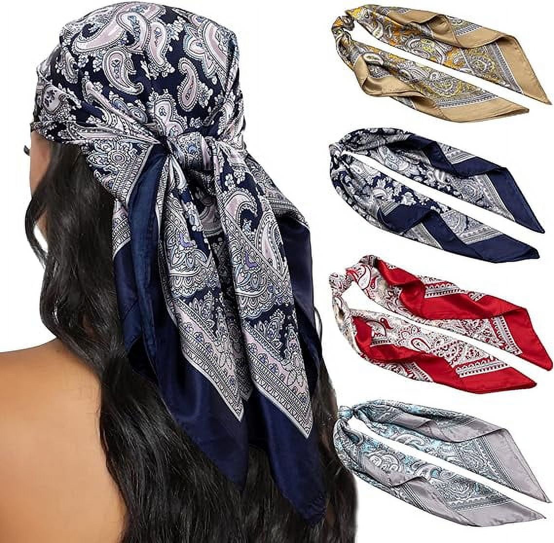 HBlife 35'' Satin Large Square Head Scarf Set for Women, 4PCS Silk-Like ...