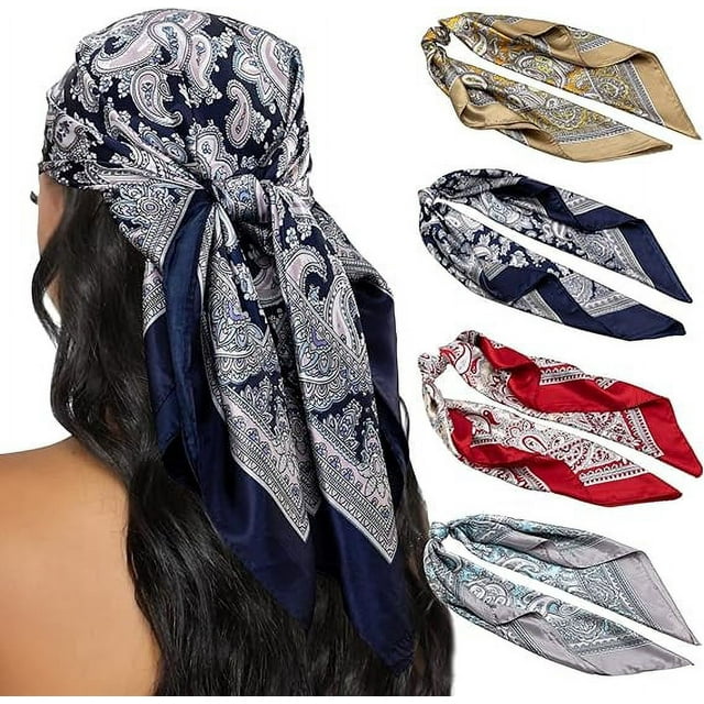 HBlife 35'' Satin Large Square Head Scarf Set for Women, 4PCS Silk-Like ...