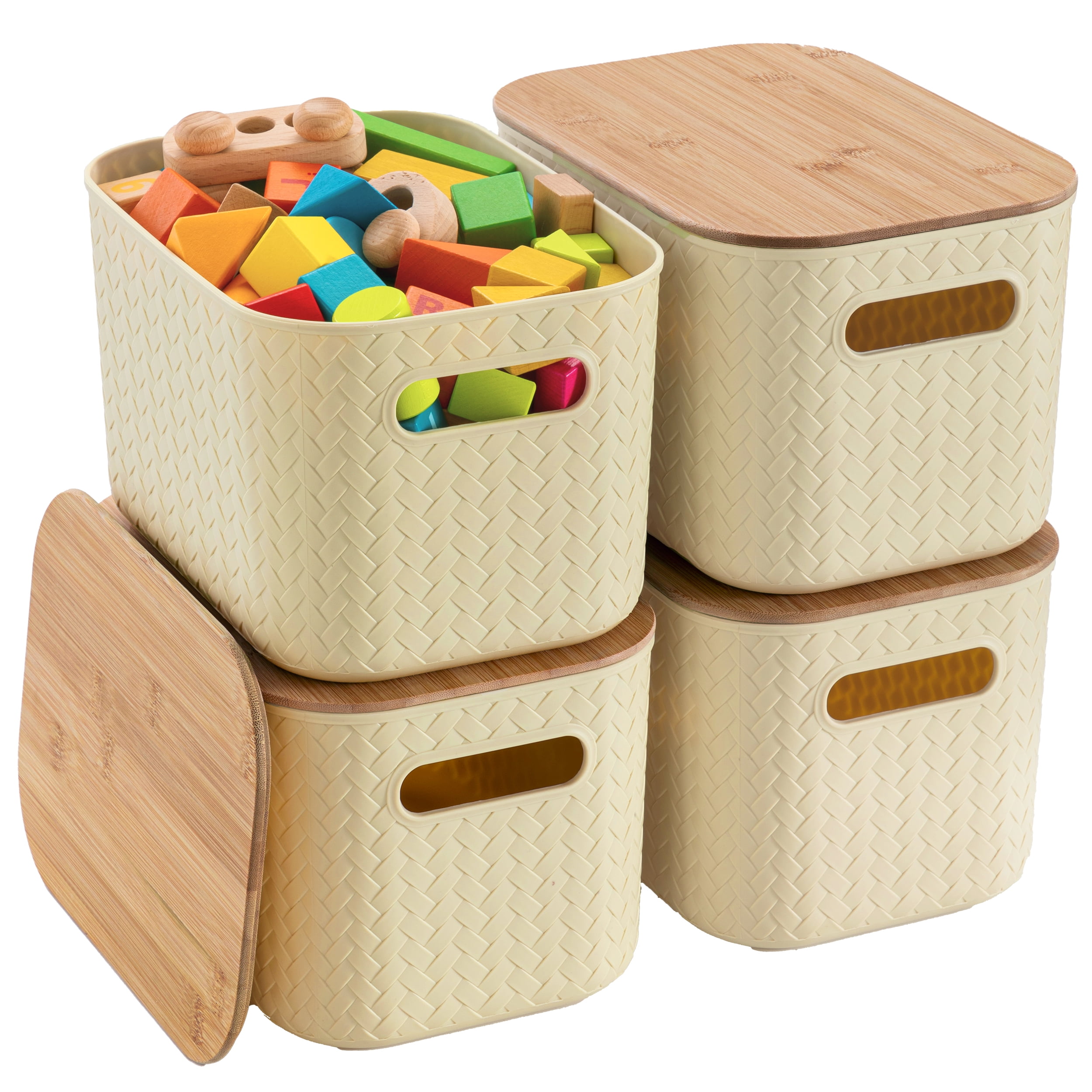 HBlife 4 Pack Storage Bins with Bamboo Lids, Plastic Storage Containers ...