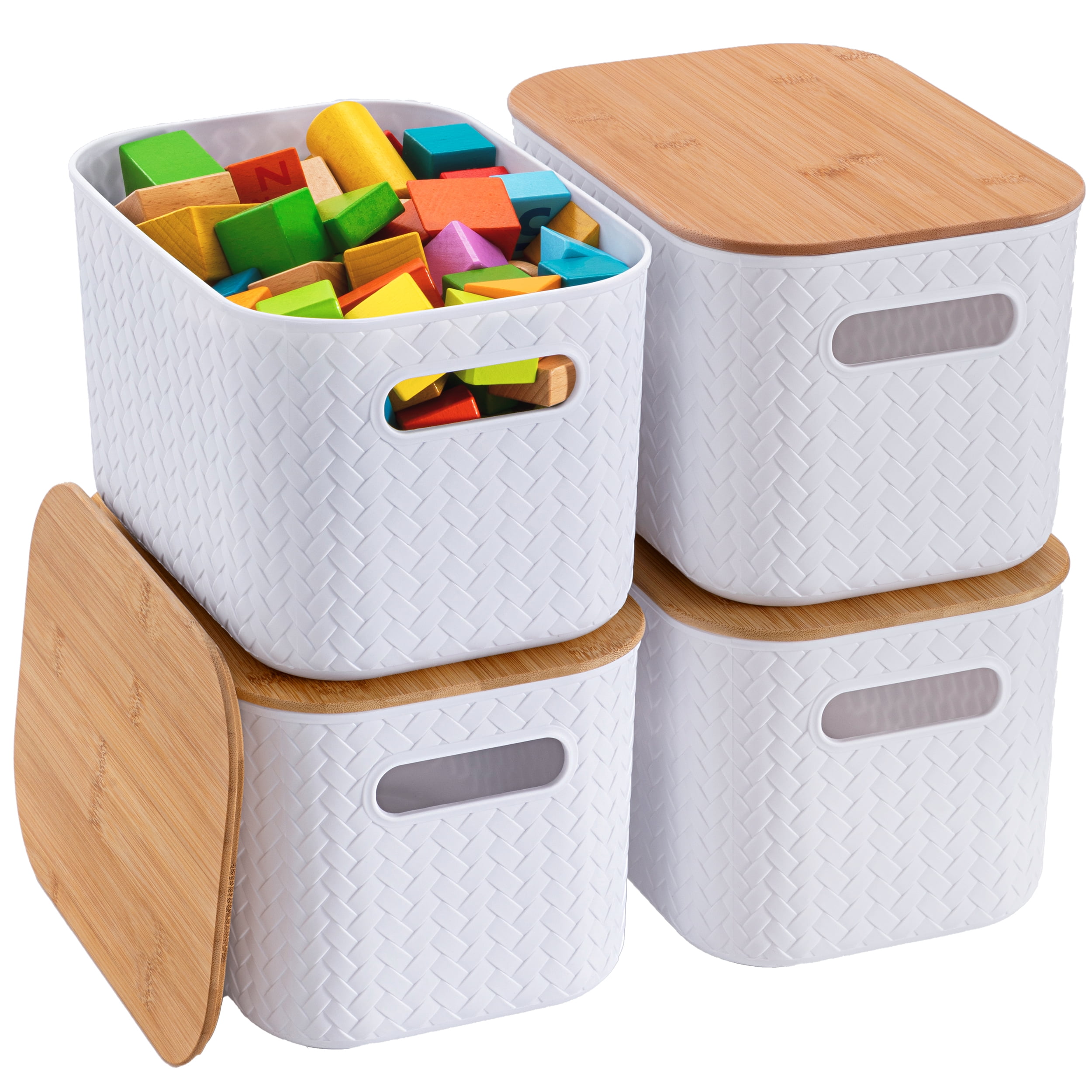 HBlife 4 Pack Storage Bins with Bamboo Lids, Plastic Storage Containers ...
