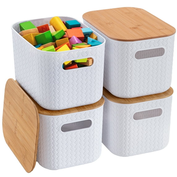 HBlife 4 Pack Storage Bins with Bamboo Lids, Plastic Storage Containers ...