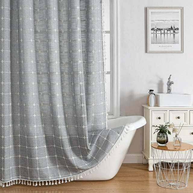 HBlife Boho Farmhouse Shower Curtain, Rustic Linen with Tassel Accents ...