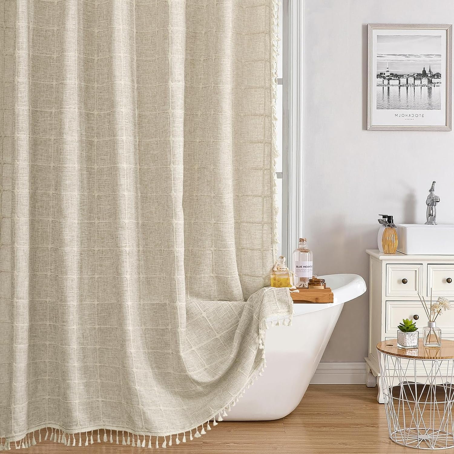 HBlife Boho Shower Curtain, Farmhouse Linen with Tassels, Water ...
